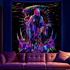 Blacklight Skull Tapestry for Bedroom, Hippie Grim Reaper and Skeleton Posters Wall Hanging for Men Room Decor, Large Black Light Cool Gothic Tapestries for Men Living Room Dorm Decor (60in x 79in)