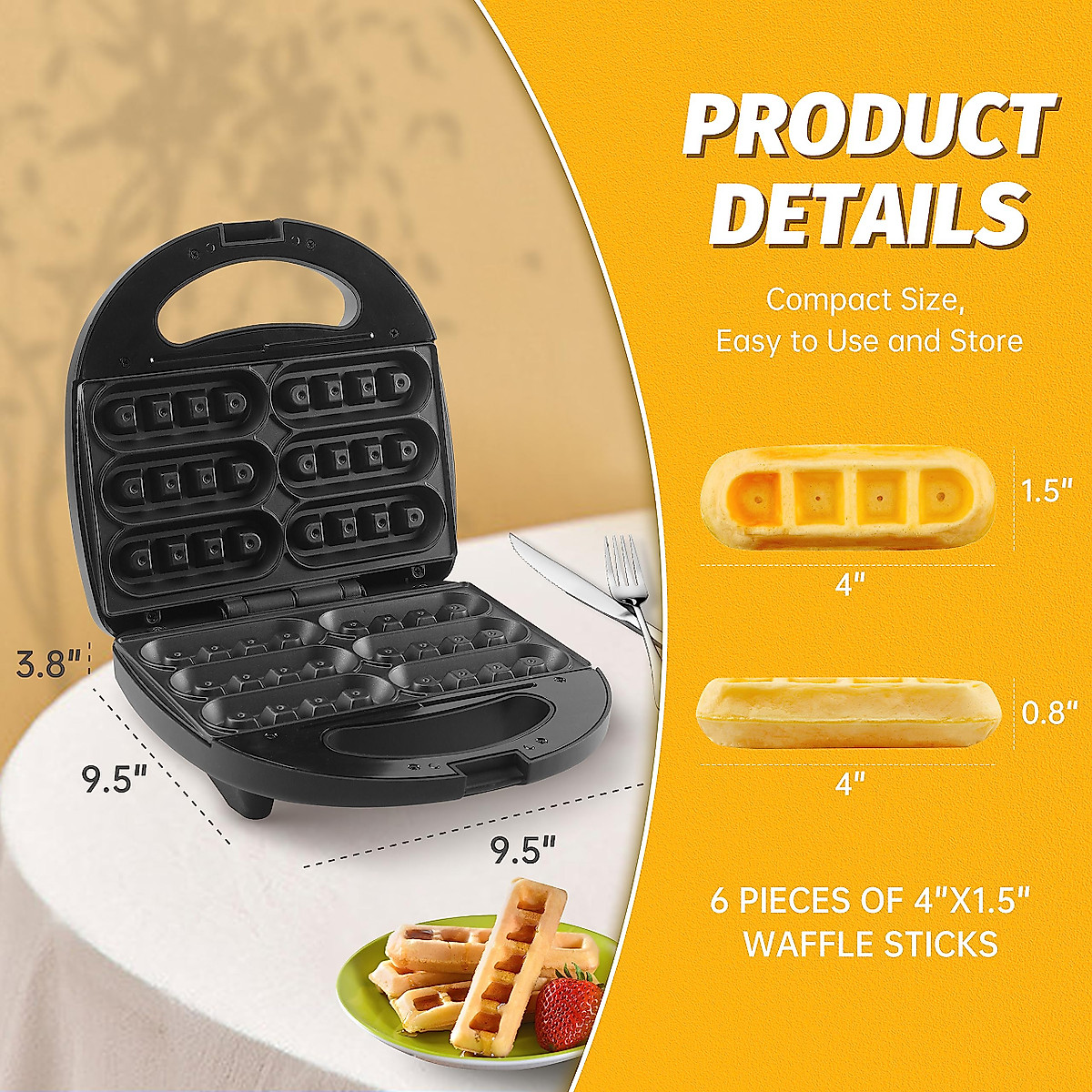 FineMade Waffle Stick Maker, Mini Waffle Maker Iron, Makes 6 Waffle Sticks, Ideal for Breakfast, Snacks, Desserts and More