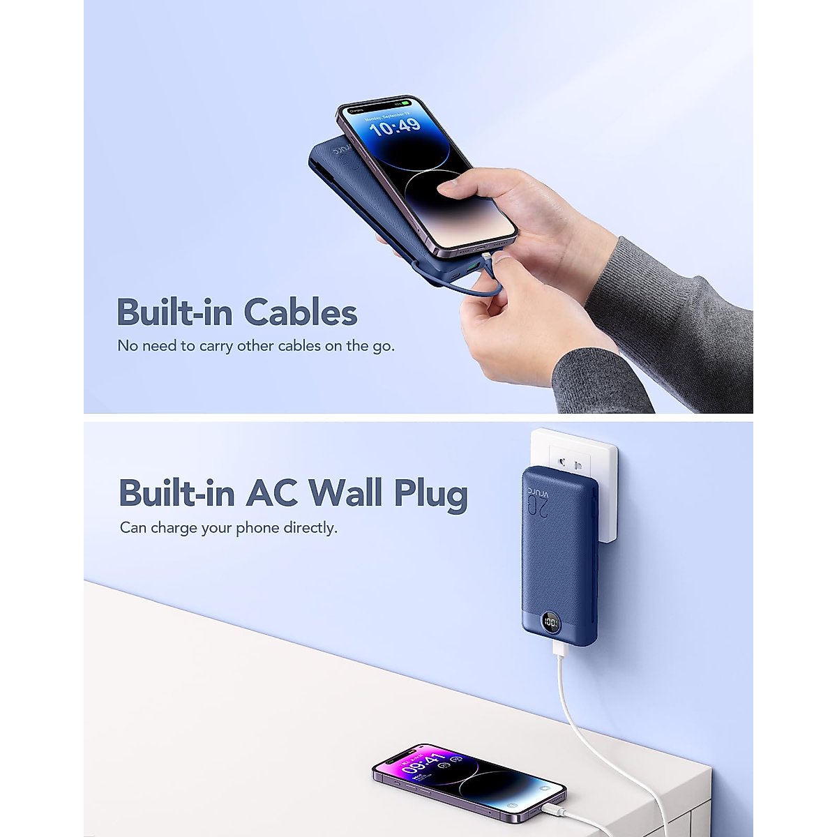 VRURC Portable Charger 20000mAh, Fast Charging Power Bank USB C,4 Output 2 Input Charging Bank Equipped with LED Display,Built-in Wall Plug and Cables,Cell Phone Replacement Battery,Blue