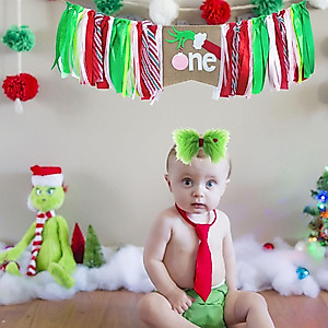 Christmas High Chair Banner, Girl Christmas 1st Birthday Sign Banner, Candy Cane Red, Green,Pink Highchair Garland with Hair Bow for Girls Christmas First Birthday, Photo Booth Props And Cake Smash