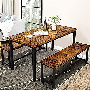 DKLGG 3-Pieces Dining Table Set with 2 Benches, Dining Table Set for 4, Wood Kitchen Table and Chairs Sets w/Metal Frame, Dining Sets for Small Spaces Kitchen Dining Room Restaurants (Rustic Brown)