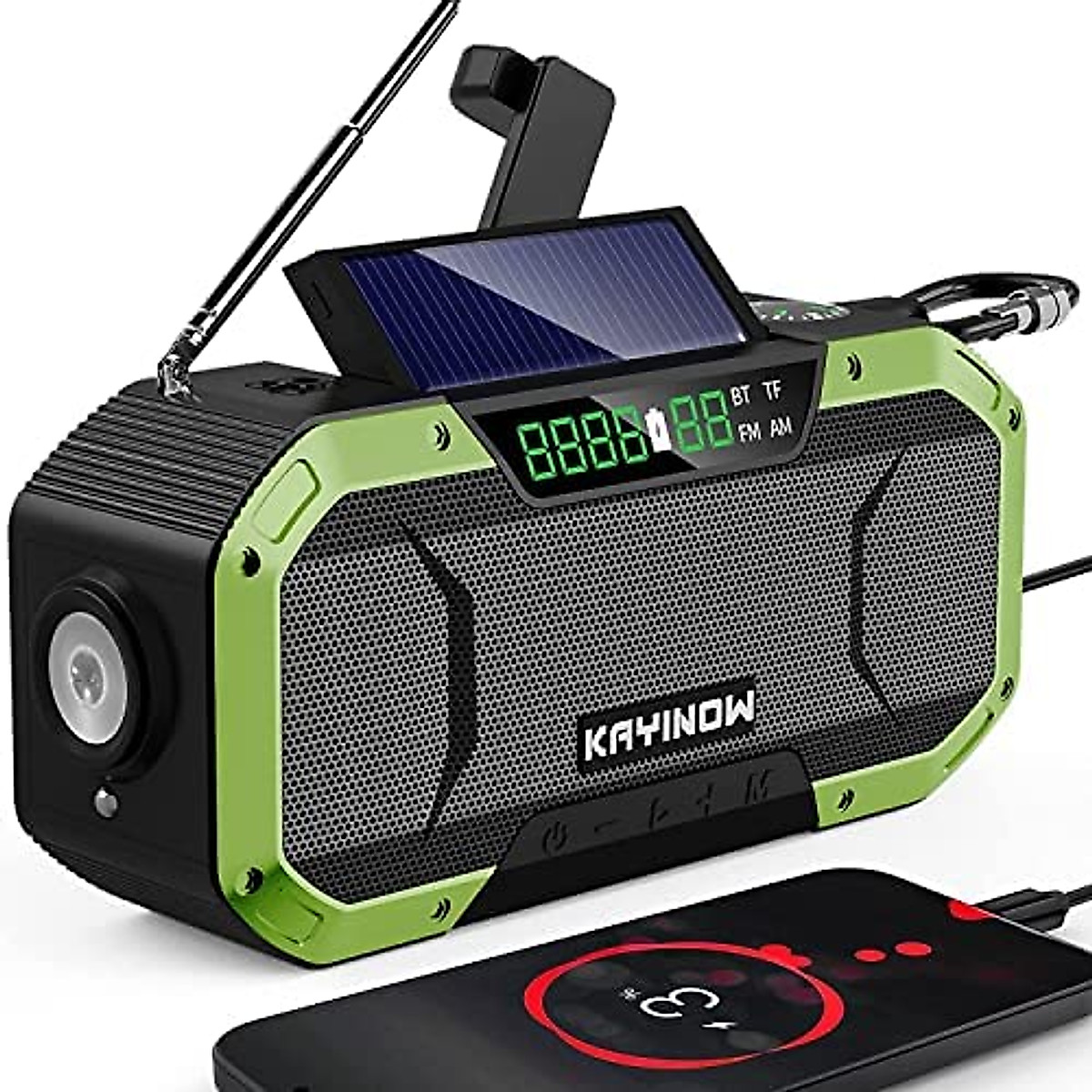 Emergency Hand Crank Solar Radio,Waterproof Bluetooth Speaker,AM FM NOAA Portable Digital Weather Radio with Flashlight,Reading Lamp,5000mAh Cell Phone Charger,SOS Alarm,Compass,Survival Camping Gear