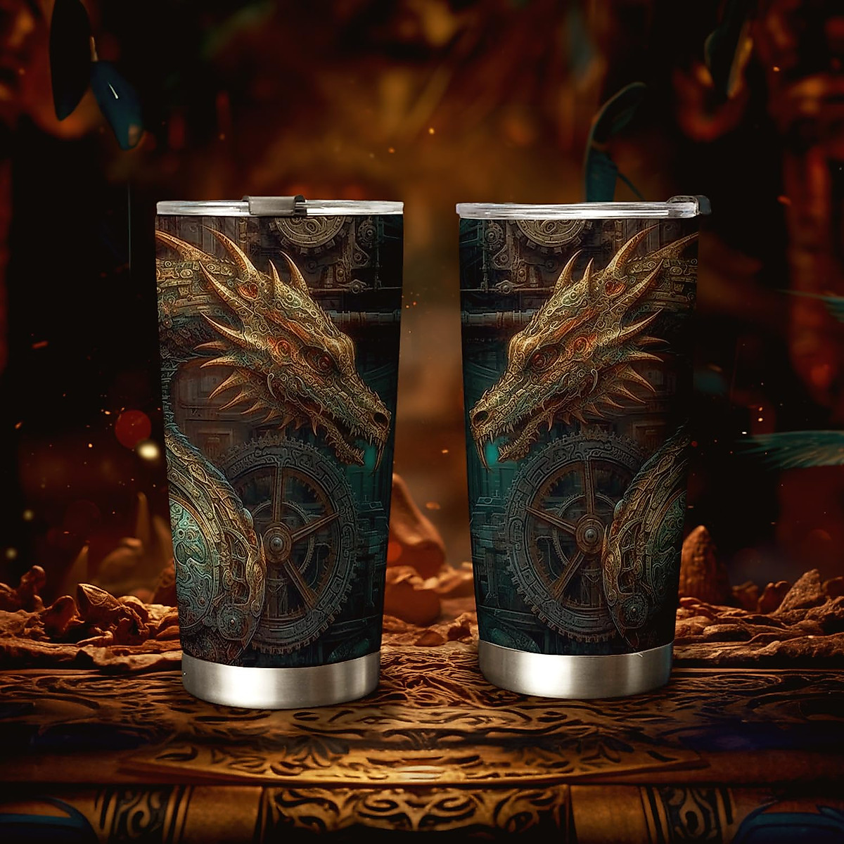 64HYDRO 20oz Steampunk Mechanical Engineer Clockwork Dragon Tumbler, Gaming, Gamer Gifts for Dragon Lovers, Stainless Steel Double Wall Vacuum Insulated Coffee Mug, Travel Cup with Lid