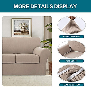 Turquoize 3 Piece Sofa Covers for 2 Cushion Couch Sofa Slipcover Soft Couch Cover for Dogs-Washable Sofa Furniture Covers with 2 Individual Cushion Covers, Thick Jacquard Fabric (Loveseat, Sand)