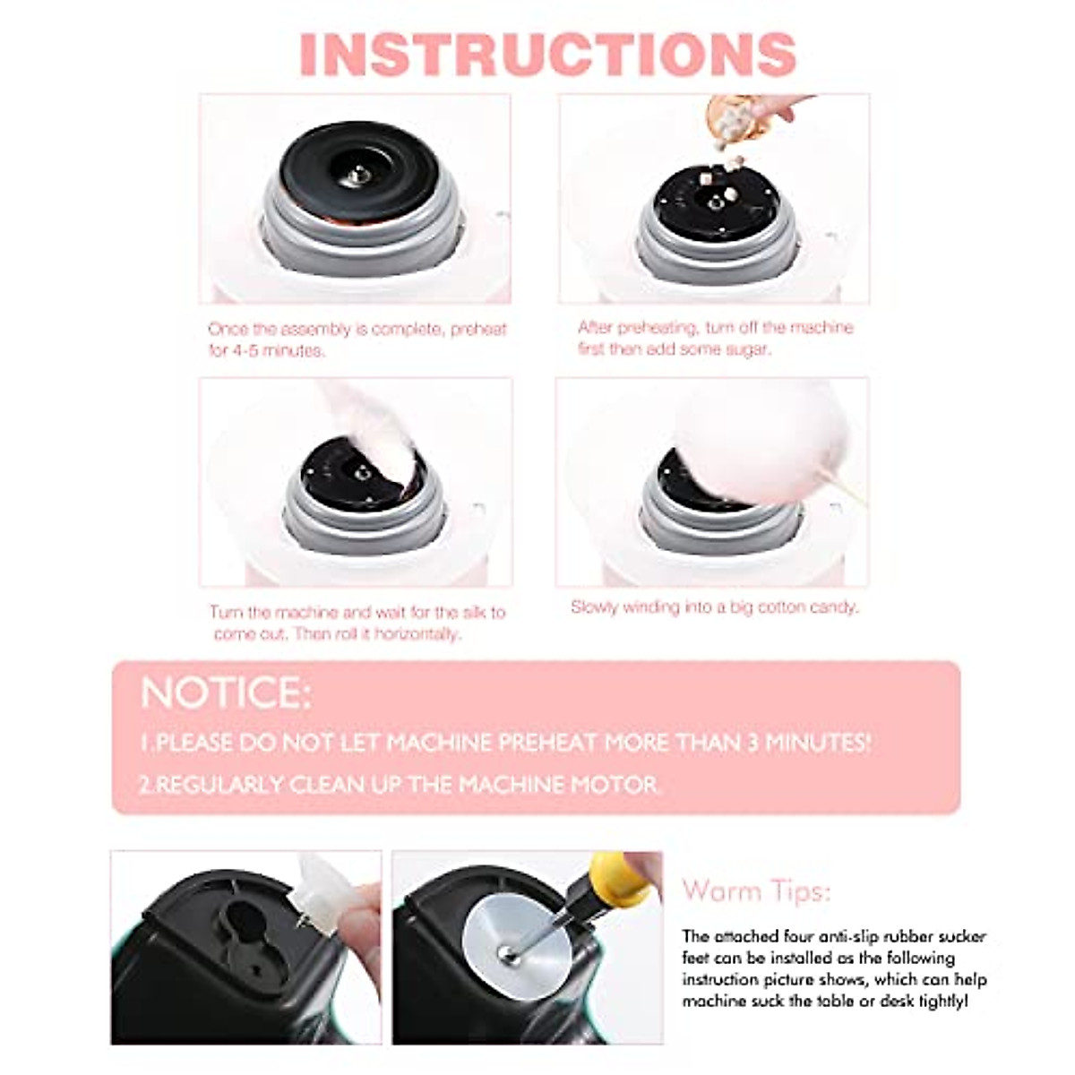 Cotton Candy Machine, Countertop Cotton Candy Maker for Kids, Pink Hard Candy Cotton Candy Maker Includes Splash-Proof Plate, Two Reusable Plastic Sticks (Color Random)