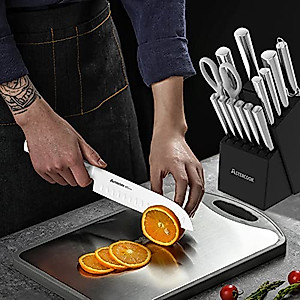 Knife Set, 15 Pieces Chef Knife Set with Block for Kitchen, German Stainless Steel Knife Block Set, Dishwasher Safe, Best Gifts, Silver Knives & Elegant Black Holder