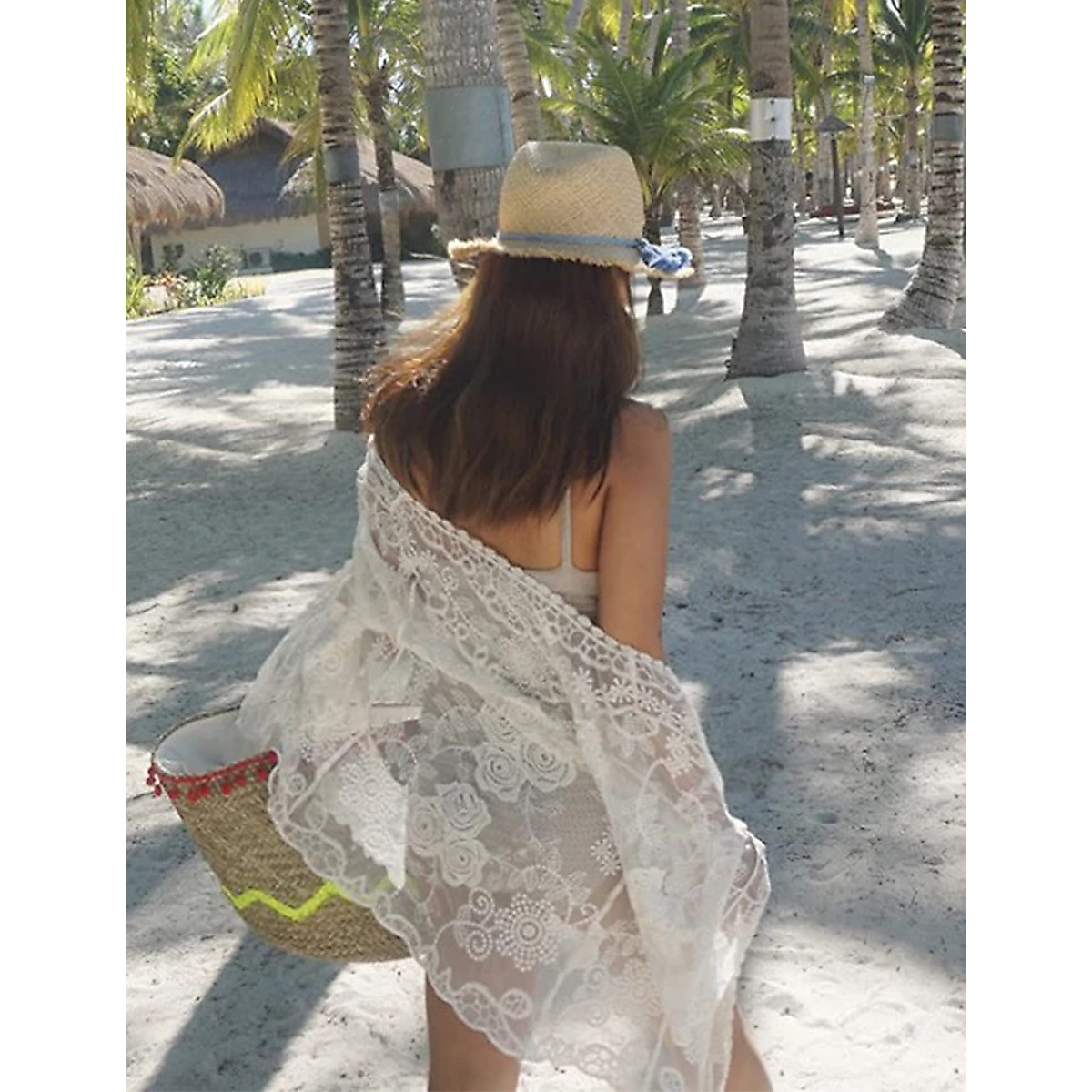 Deawell Womens Ruffle Sleeve Lace Cardigans Ladies Sheer See Through Cover Up Jacket (White, M)