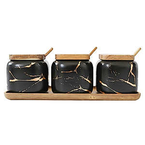 KIDYBELL Ceramic Spice Jars Porcelain Condiment Jars Set Marble Ceramic Seasoning Box 3pcs Condiment Pots for salt, sugar, pepper Kitchen Ceramic Seasoning Condiment Jar Set Black