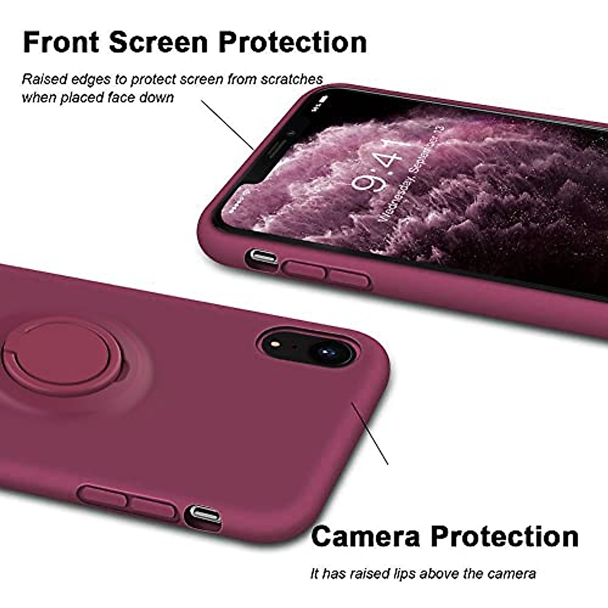 Vooii for iPhone XR Case with Kickstand | Baby Grade Liquid Silicone | 10ft Drop Tested Protective, Microfiber Lining Shockproof Full-Body Cover Case for iPhone XR (WineRed)