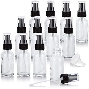 JUVITUS 1 oz / 30 ml Clear Glass Boston Round Bottle with Black Treatment Pump + Funnel (12 Pack)