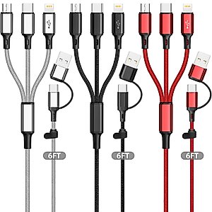 Multi Charging Cable 3Pack-6ft, Multi USB Cable Braided 6 in 1 Multiple Phone Charger Cable Universal USB A/C Charging Cable to Lightning/Type C/Micro USB Port for Cell Phone (Gray,Black,Red)