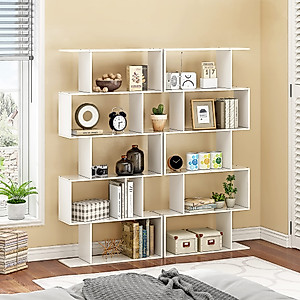 Function Home 5-Tier Geometric Bookcase, Freestanding S Shaped Bookshelf, Modern Multifunctional Display Shelves, White Book Shelf for Bedroom Living Room
