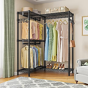 VIPEK L4 Garment Rack L Shaped Clothes Rack for Corner, Freestanding Portable Wardrobe Closet Heavy Duty Clothing Rack with 3 Hanging Rods & 2 Side Hooks, 43.3"Lx29.1"Wx76.4"H, Max Load 750LBS, Black