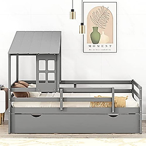 OPTOUGH Twin Size Low Loft Bed with Trundle,Wooden House Bed w/Roof and Window Design for Kids Teens Bedroom,Grey