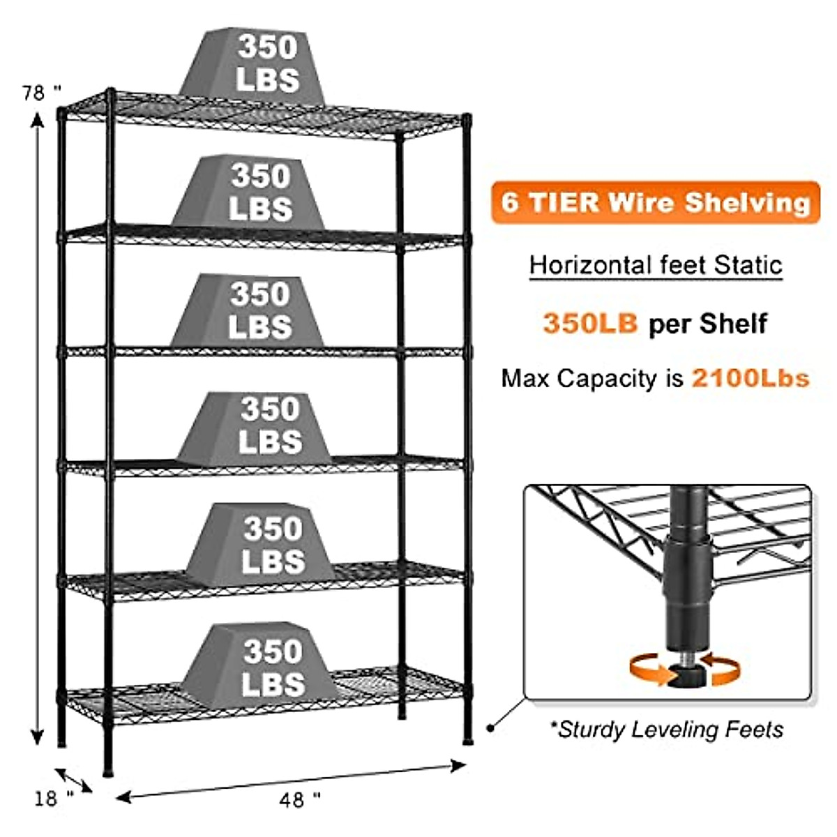 Wire Shelving Unit, Metal , with Wheels 6 Tier 2100lbs 48in L×18in W×82in H Storage Shelves Height Adjustable NSF Heavy Duty Steel Shelf Movable for Kitchen Garage Warehouse Commercial Rack, Black