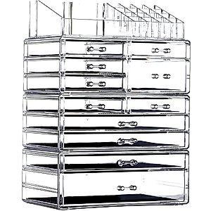 Cq acrylic 4 Pack Clear Skincare Organizer for Vanity,Stackable 11 Drawers Make Up Organizer,Cute Cosmetic Organizer for Vanity Jewelry,Hair Clip,Beauty,Skincare Product Dresser Acrylic Desk Organizer