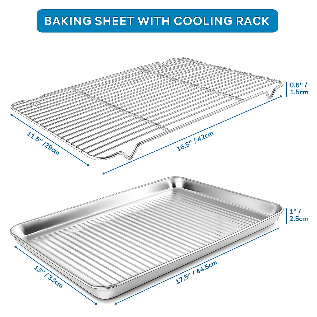 Herogo Baking Pan Sheet with Cooling Rack Set for Oven, 18 x 13 x 1 Inch, Stainless Steel Fluted Bakeware Cookie Sheet Tray Non-stick, Dishwasher Safe
