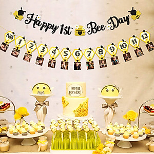 3PCS Happy Bee Day Party Decorations, Bumble Honey Bee 1st Birthday Baby Photo Banner for Newborn to 12 Months, Monthly Milestone Photograph Bunting Garland, First Birthday Celebration Decorations
