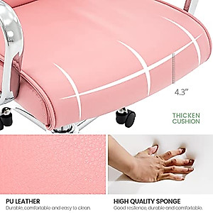 HFGI Living Home Office Chair, Modern Upholstered Mid-Back PU Leather Task Desk Chair with Arms, Adjustable Rocking Swivel Computer Chair with Wheels (Pink)