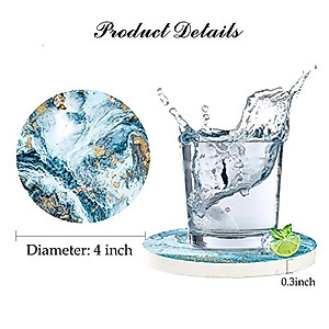 Coasters for Drinks with Holder Set of 6,Marble Blue Ocean Style Absorbent Ceramic Coasters with Cork Base,No Scratched and Soiled