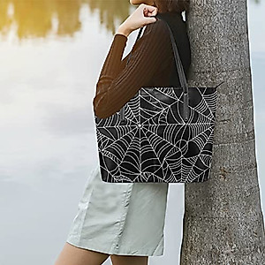 Leather Tote Bag for Women with Zipper Handbags Shoulder Bag Spider Web Black Pockets Work Travel Small Office Business