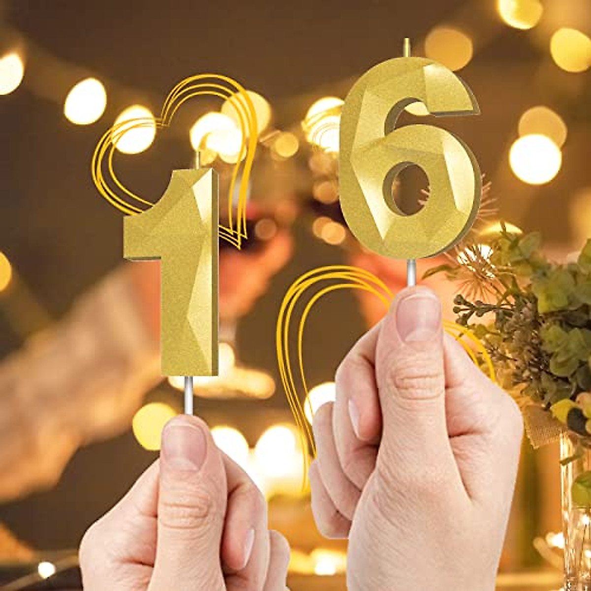 Number Birthday Candles(6 Candle Gold) 3D Diamond Shape Number Happy Birthday Cake Candles for Birthday Party Wedding Decoration Reunions Theme Party