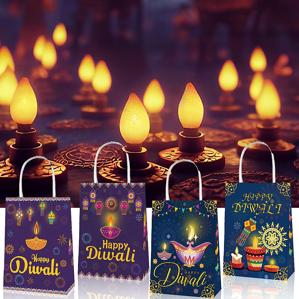 KYMY Diwali Party Treat Bags with Stickers, 12pcs Diwali Gift Candy Bags, India Festival of Lights Gift Goody Bags, India Party Favor Diwali Party Indian Celebration Supplies Decoration