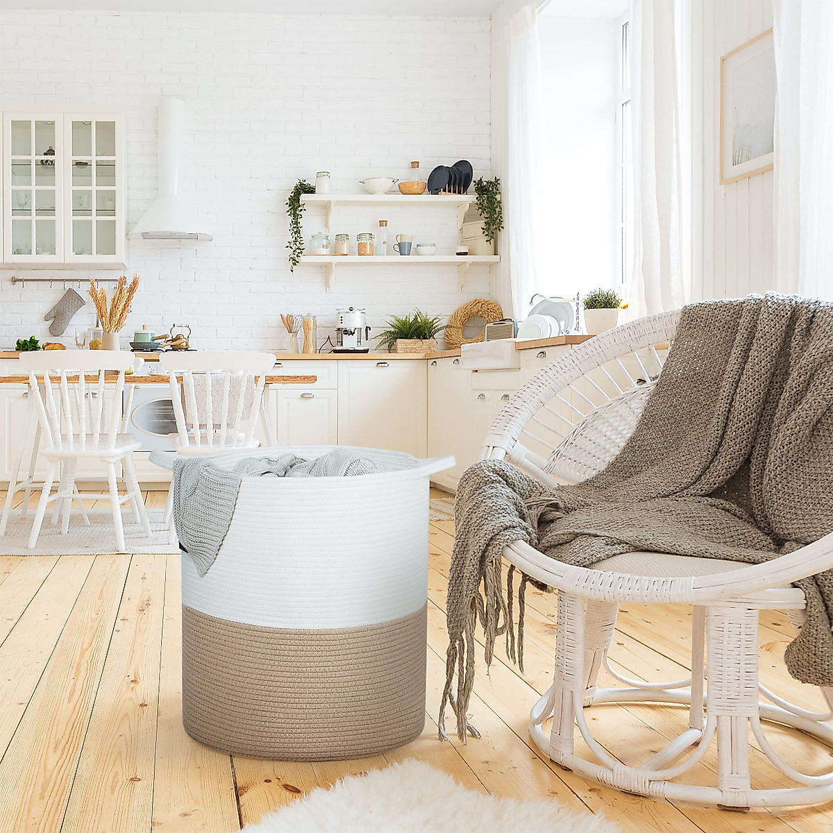 Hiromi Cotton Rope Basket - Decorative White Storage Bins for Room Organization - Firm Woven Hamper for Laundry - Toys, Towel, Cushion, Throw Pillow, Blanket Holder with Durable Handles - 16in x 18in