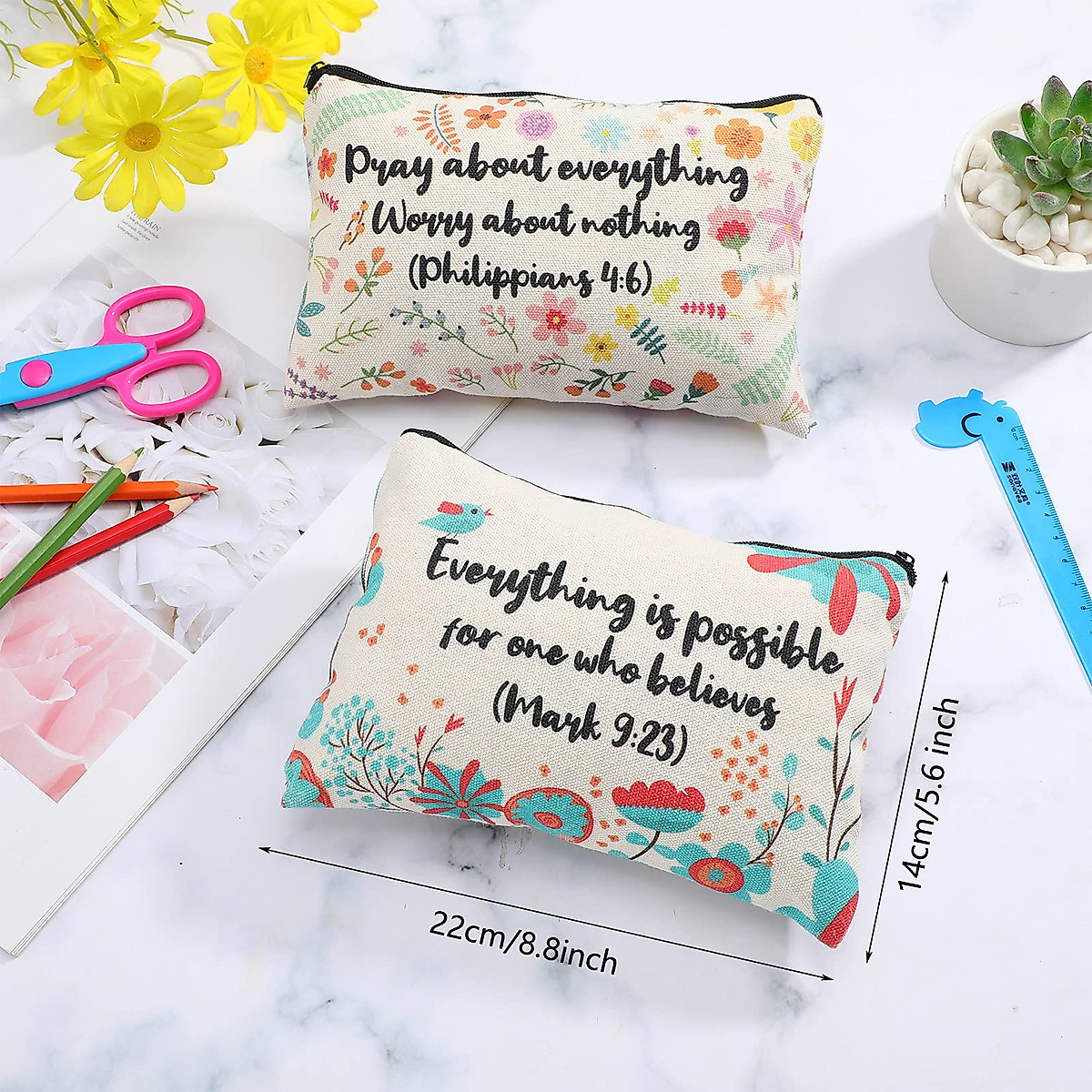 4 Pieces Inspirational Bible Verse Pencil Pouch Christian Pencil Case Scripture Canvas Makeup Bags for Students Office Journaling Supplies (Bible Verse Pattern,8.7 x 5.5 Inch)