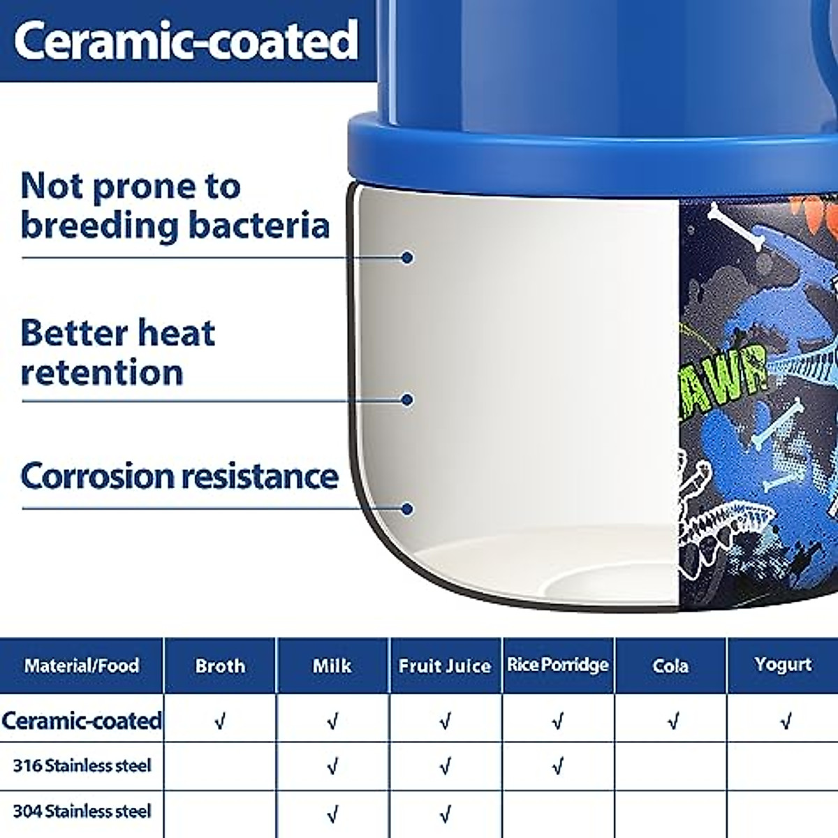 Healthlif 10oz Kids Soup Thermos for Hot Food Insulated Food Jar,Ceramic Coating Thermos Hot Food Lunch Container, Width Mouth Stainless Steel Lunch Box with Spoon(Blue Dino)