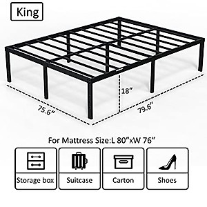 EMODA 18 Inch King Bed Frame No Box Spring Needed, Heavy Duty Tall Metal Platform with Large Storage Space, Noise Free, Easy Assembly, Black