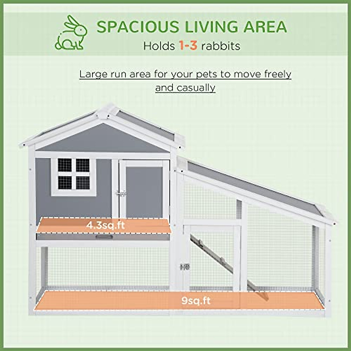 PawHut 59" Wooden Rabbit Hutch, 2 Tier Pet Playpen Bunny House Enclosure with Sunlight Panel Roof, Slide-Out Tray, and Ramp, for Rabbits and Small Animals, Grey