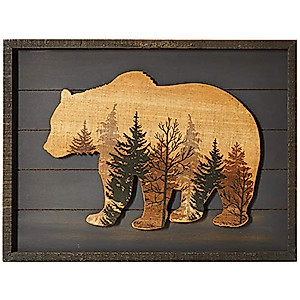 NIKKY HOME Cute Bear in The Forest Woodland Decorative Wood Framed Wall Art Prints Cabin Decor, 16" x 12", Dark Slate Grey