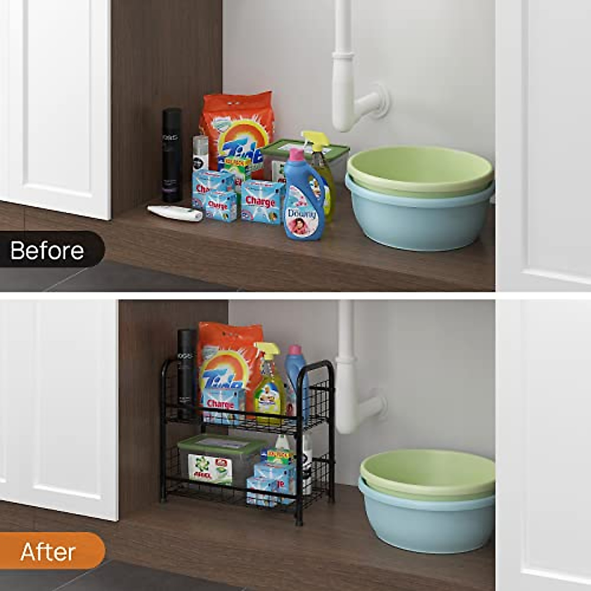 Multi-Purpose Under Sink Organizer, Bathroom Trays, Holders&Shelves Unit with Adjustable Feet, Metal Steel Storage Tower Organizer Rack Basket Cart for Bathroom, Living Room, Balcony, Kitchen