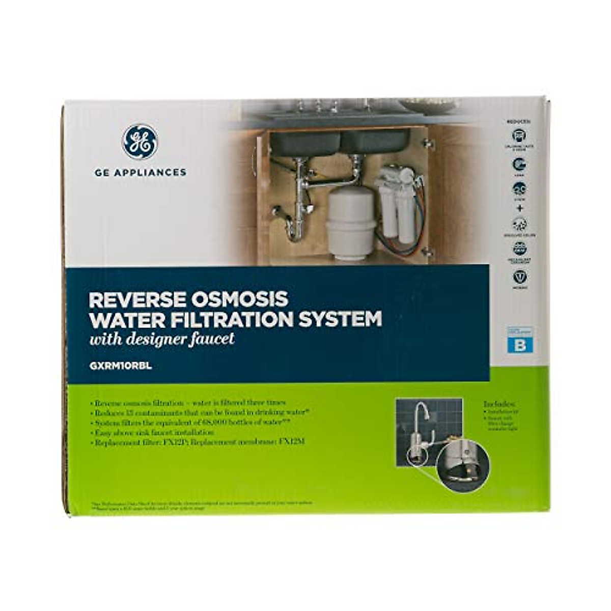 GE Reverse Osmosis System & Under Sink Water Filter | Faucet & Easy Install Kit Included | Premium Filtration Reduces Lead, Chlorine & More | Replace Filters Every 6 Months | GXRM10RBL