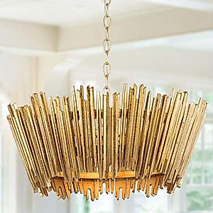 Gold Chandelier, Modern Farmhouse Chandelier, Dining Room Lighting Fixtures Hanging with Wood Framework and Gold Finish, Chandeliers for Dining Rooms, Kitchen, Foyer, Living Room, 20" D x 8" H