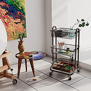 DESIGNA 3-Tier Rolling Utility Cart Storage Shelves Multifunction, Metal Mesh Baskets, Pantry Cart with Lockable Wheels, Black