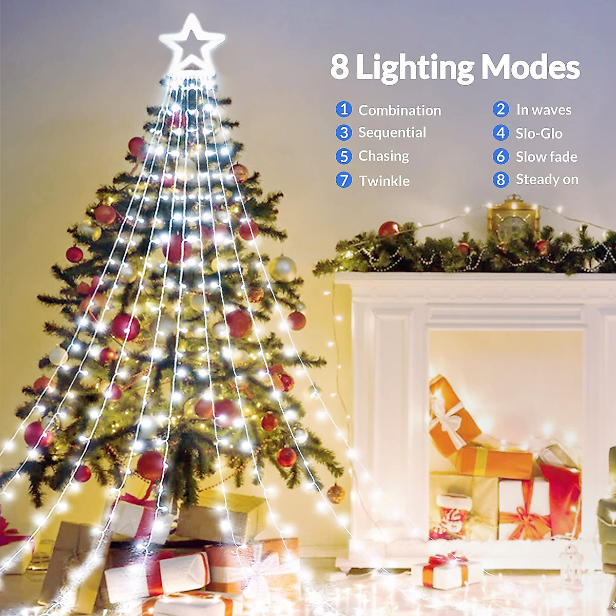 MESHUBA Star String Lights Outdoor Patio Decoration 317 LED Waterfall Christmas Tree Lights Indoor Outside Decoration Lights for Party, Yard, Garden, Holiday, Home Décor, White