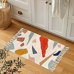 LIVEBOX Cute Bathroom Rug 2' x3' Small Multi-Color Block Kids Area Rug with Tassel Hand Woven Cotton Tufted Indoor Rugs for Bedroom Kitchen Entryway Laundry Wall Hanging
