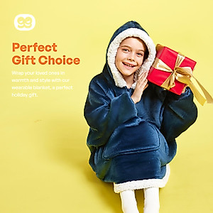 Giggling Getup Wearable Blanket Hoodie for Girls Boys - Oversized Flannel Sherpa Fleece Hooded Blanket - Soft Cozy Warm Blanket Sweatshirt Gifts with Giant Pocket and Sleeves for Kids Navy