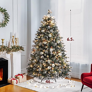 OasisCraft 6.5ft Pre-lit Snowy Aspen Spruce Christmas Tree, Full Flocked Christmas Tree with Lights, Metal Stand, for Home Office Party Decoration