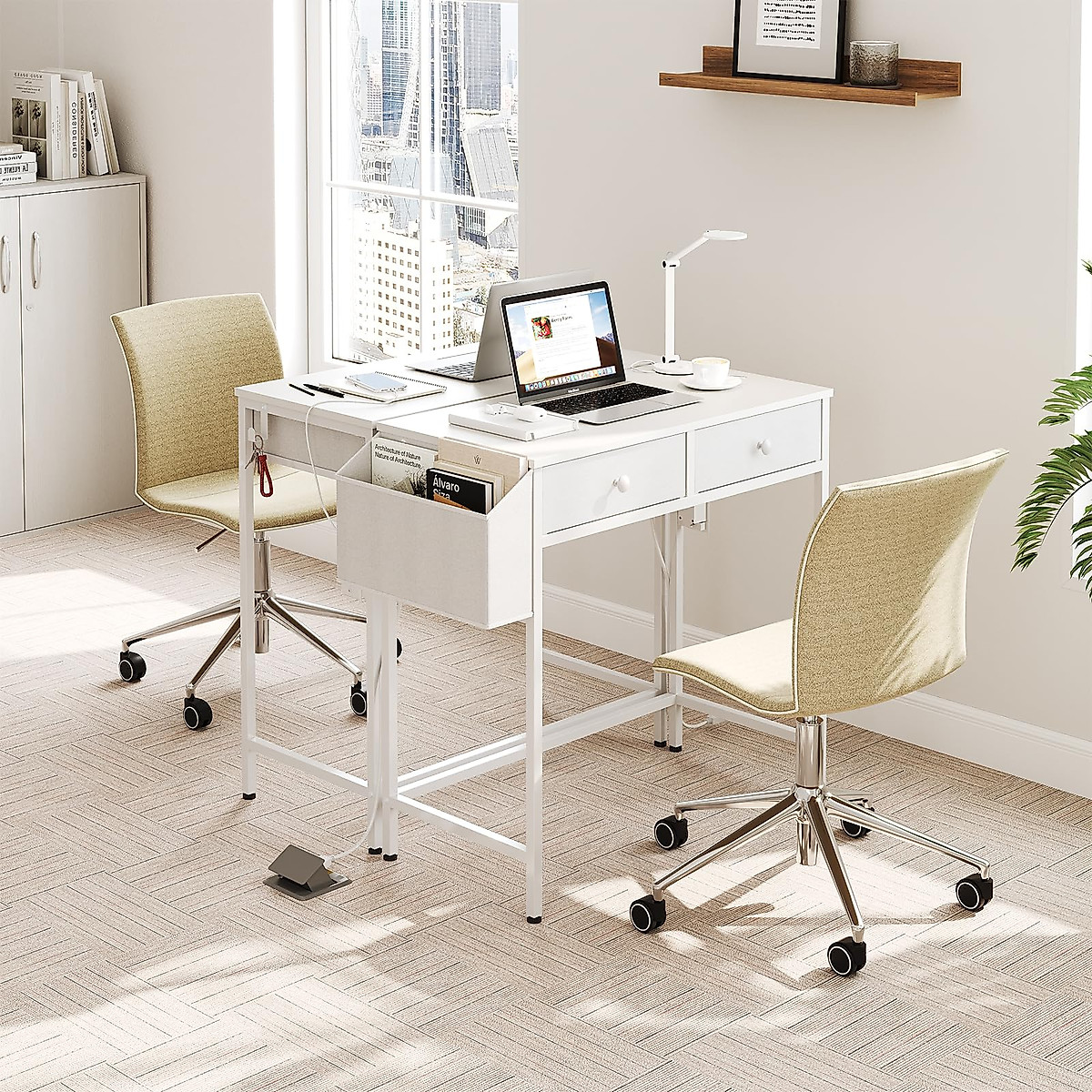 HOOBRO Small White Computer Desk with Power Outlet, 32 Inch Home Office Computer Desk with 2 Fabric Drawers, Study Desk for Small Spaces, with Side Pocket, for Study, Living Room, White WW42UDN01