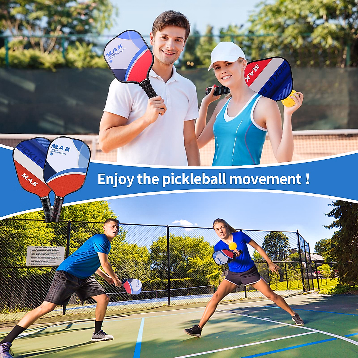 Pickleball Paddles Set of 2, Carbon and Fiberglass Face Pickleball Set, 4 Indoor Outdoor Balls, 2 Cooling Towels, Pickleball Bag, Lightweight Pickleball Paddle Gifts for Men Women (Fiberglass Style-1)