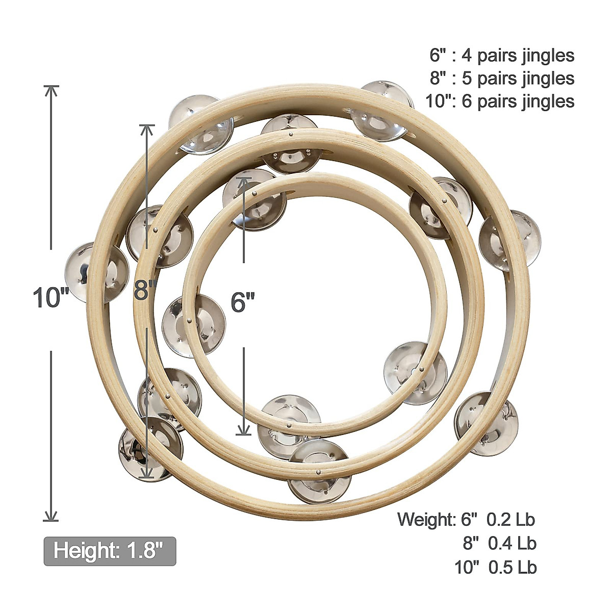 MUSICUBE Tambourine for Adults Kids 3 Packs Wood Tambourine Hand Held Metal Jingles Percussion musical instruments for Church Education Party Supply (6-Inch, 8-Inch, 10-Inch)