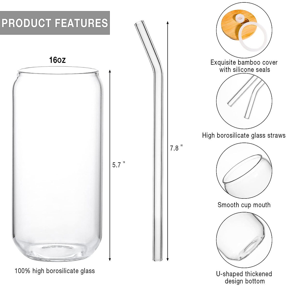 Kxuhivc 1 Pack Glass Cup, 16oz Drinking Glass with Bamboo Lid and Straw, Beer Glass Tumbler for Mojito Soda Smoothies Whiskey Iced Coffee Cocktail Tea Juice