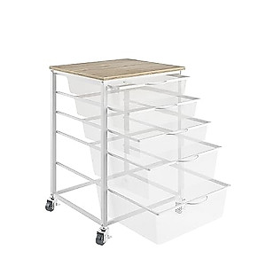 Rolling Storage Cart on Wheels, with 5 Handle Mesh Drawers Baskets and Wooden Top, Industrial Mobile Storage Cabinet, Scrapbook Paper Office School Organizer for Office Pantry Bathroom