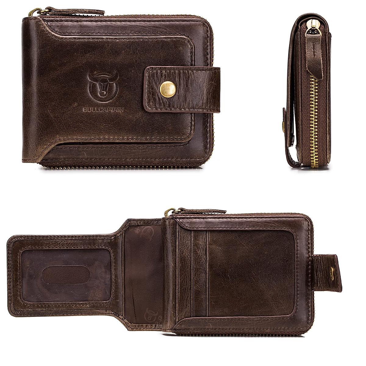 LUKZIJAES Genuine Leather Wallet for Men RFID Blocking Large Capacity Card Case with Zipper ID Window Coin Pocket (#2-Coffee)