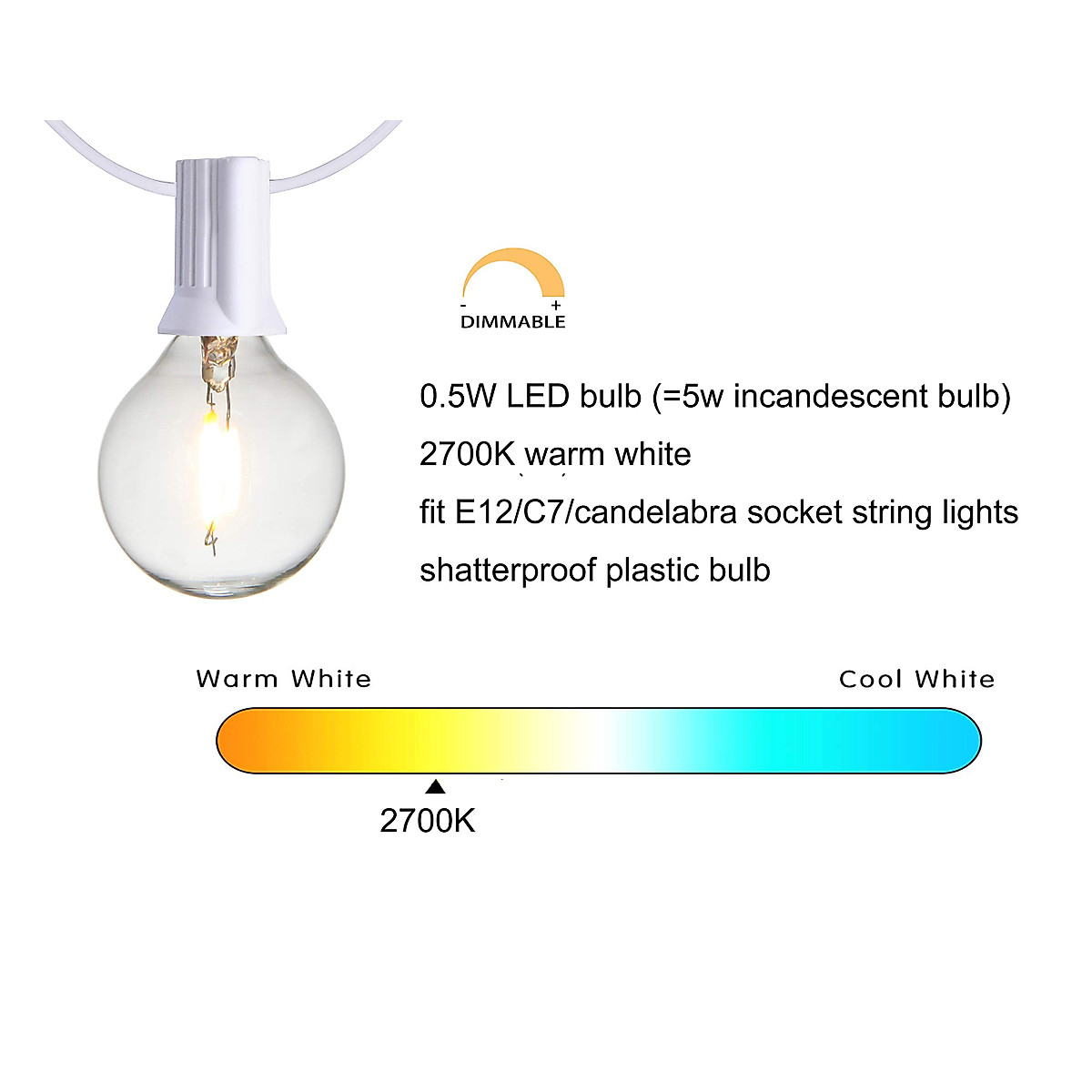 NIOSTA G40 Replacement Bulbs for Outdoor String Lights, 2700K Warm White and E12/C7 Base, 0.5W LED=5W Incandescent Bulbs, Shatterproof & Waterproof Globe Bulbs(25 Pack)