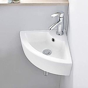 VASOYO Small Corner Bathroom Sink Wall Mount White Triangle Porcelain Ceramic Above Counter Mini Wall Vanity Vessel Sinks with Single Faucet Hole and Overflow