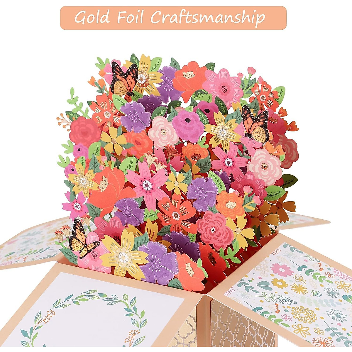 Giiffu Flower Pop Up Card, Colorful Flowers & Butterflies, Handmade 3D Greeting Cards For Her with Note Card and Envelope for All Occasion, Mothers Day, Thanksgiving, Thank You Card(7" x 6.7")